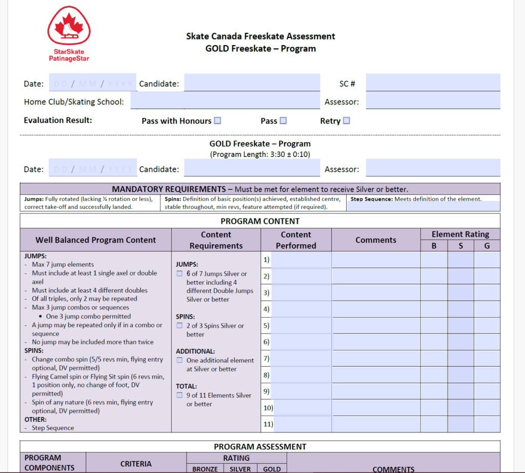Freeskate Program Assessment Sheets (English) – Materials Catalogue