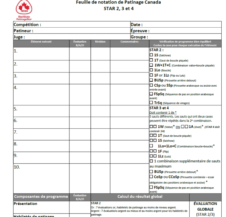 Feuille de notation STAR 2 à 4 (français) – Catalogue de fournitures